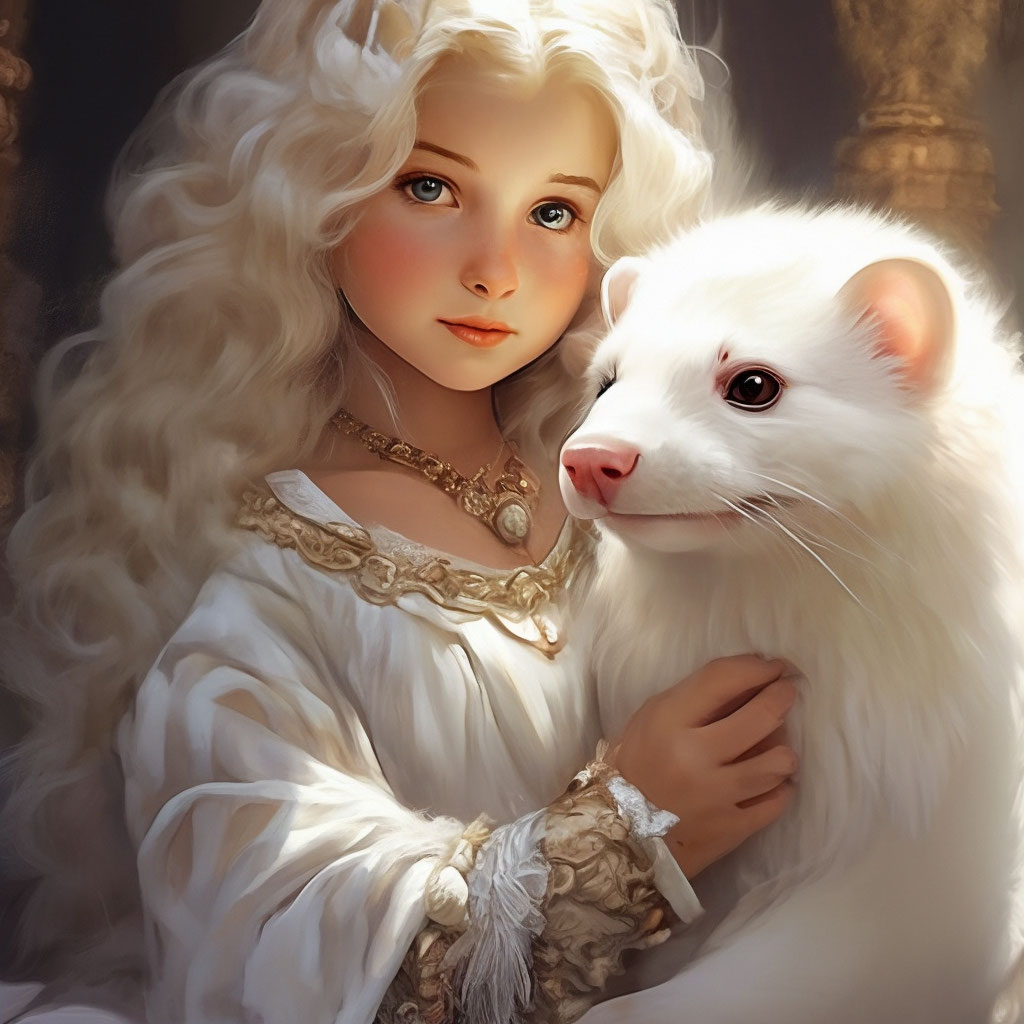 "White and fluffy.Cute beautiful girl and royal giant ferret,big ears ...