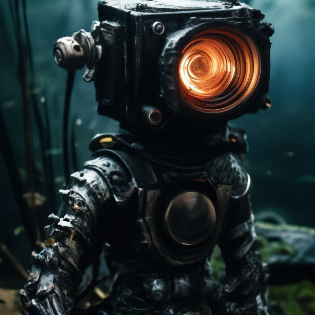 "A creature with video projector head…" — image created in Shedevrum