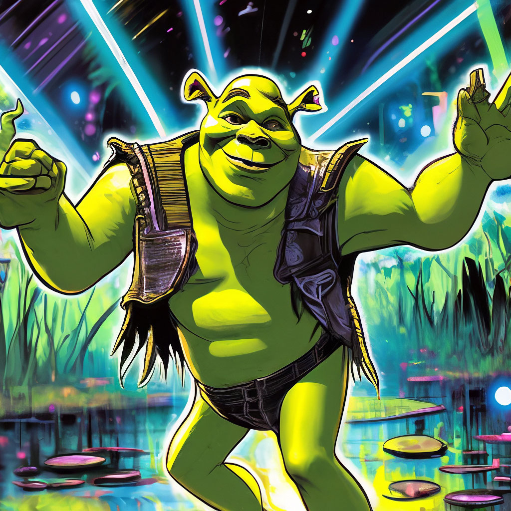 "Shrek dancing in a disco swamp" — image created in Shedevrum