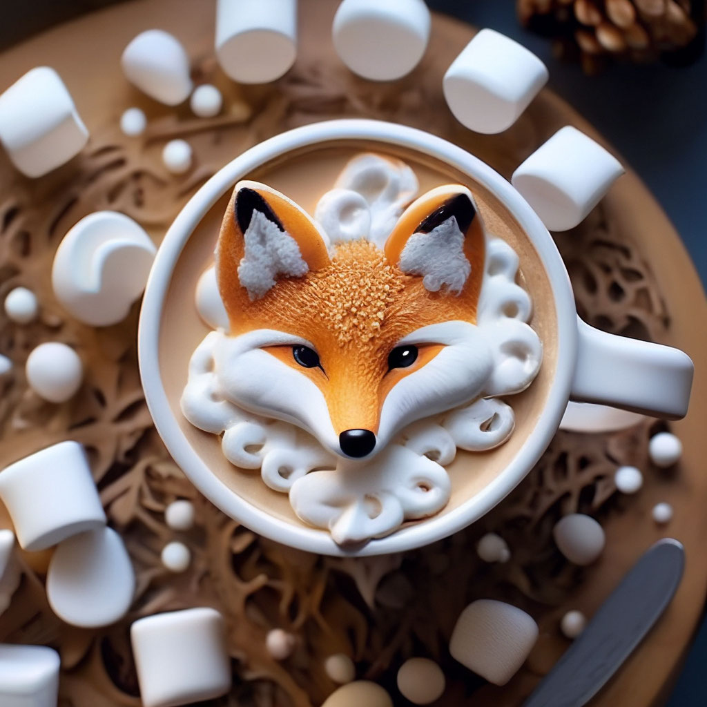 "Latte art, top view, fox foam pattern, marshmallows on the table ...