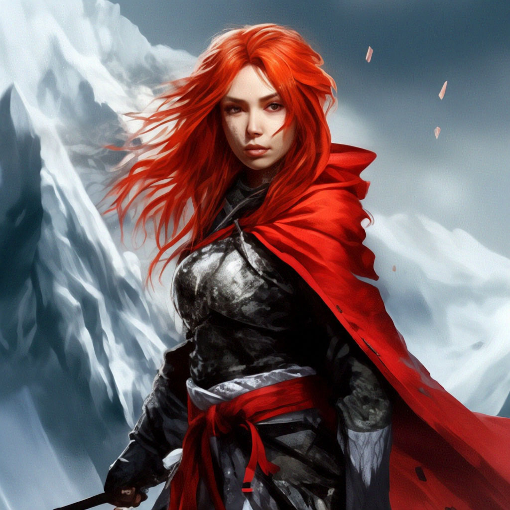"A beautiful samurai girl with a katana in a red and green cloak stands ...