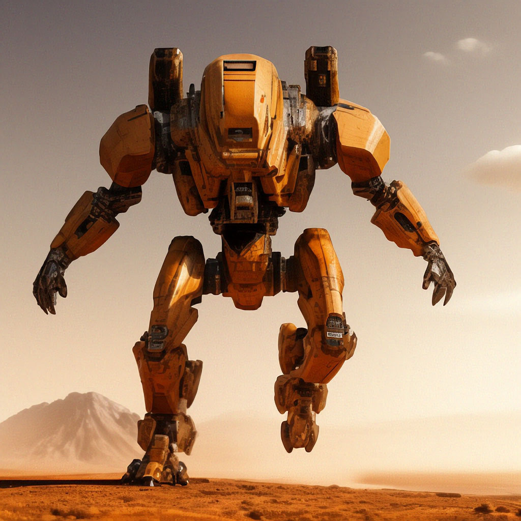 "SCI-fi combat robot walker; raised his arms high above his head ...