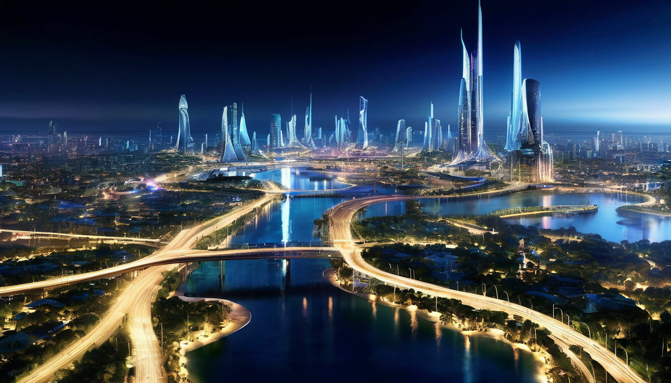 "A beautiful huge hypercity of the future on the ocean at night,a city ...