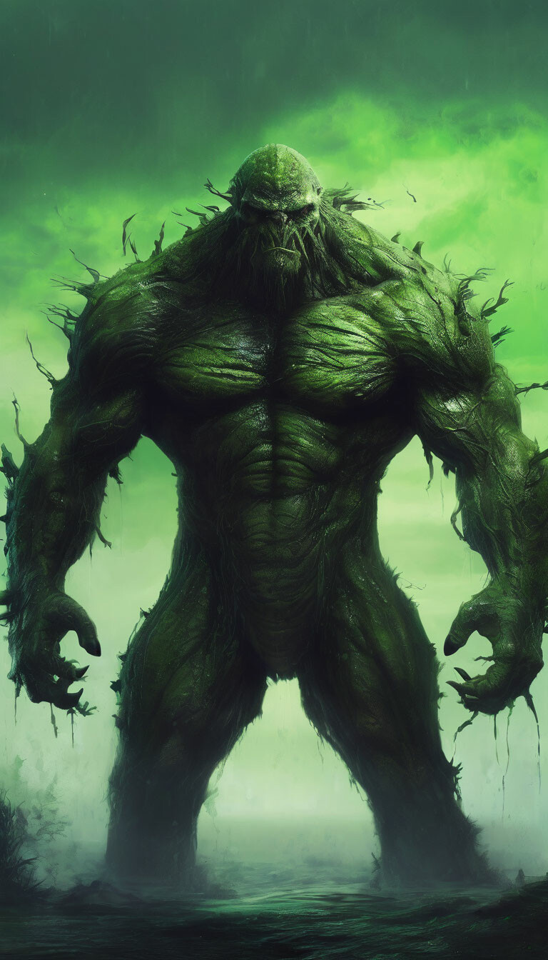"A swamp monster with a pumped-up body and muscles against a background ...