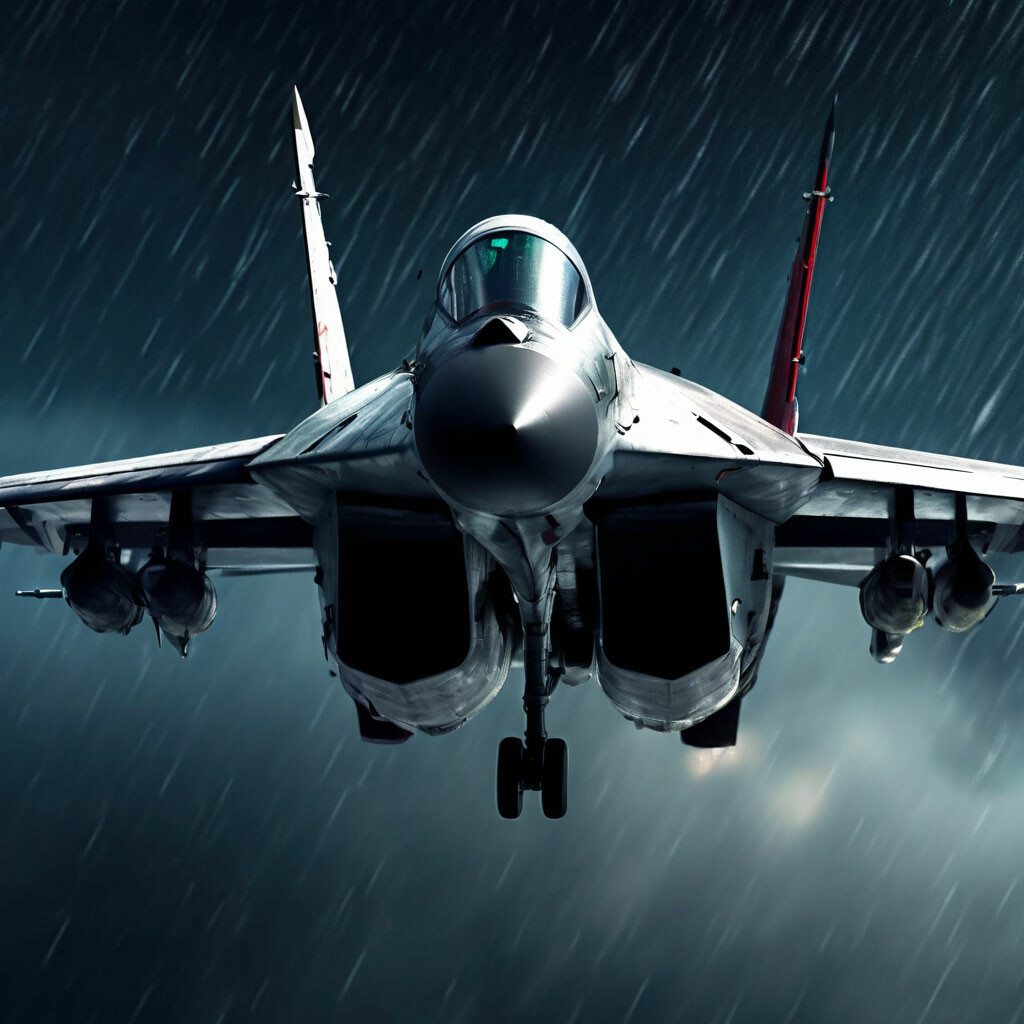 "Mig-29 close-up flying in the night sky, rain, lightning, thunderstorm ...