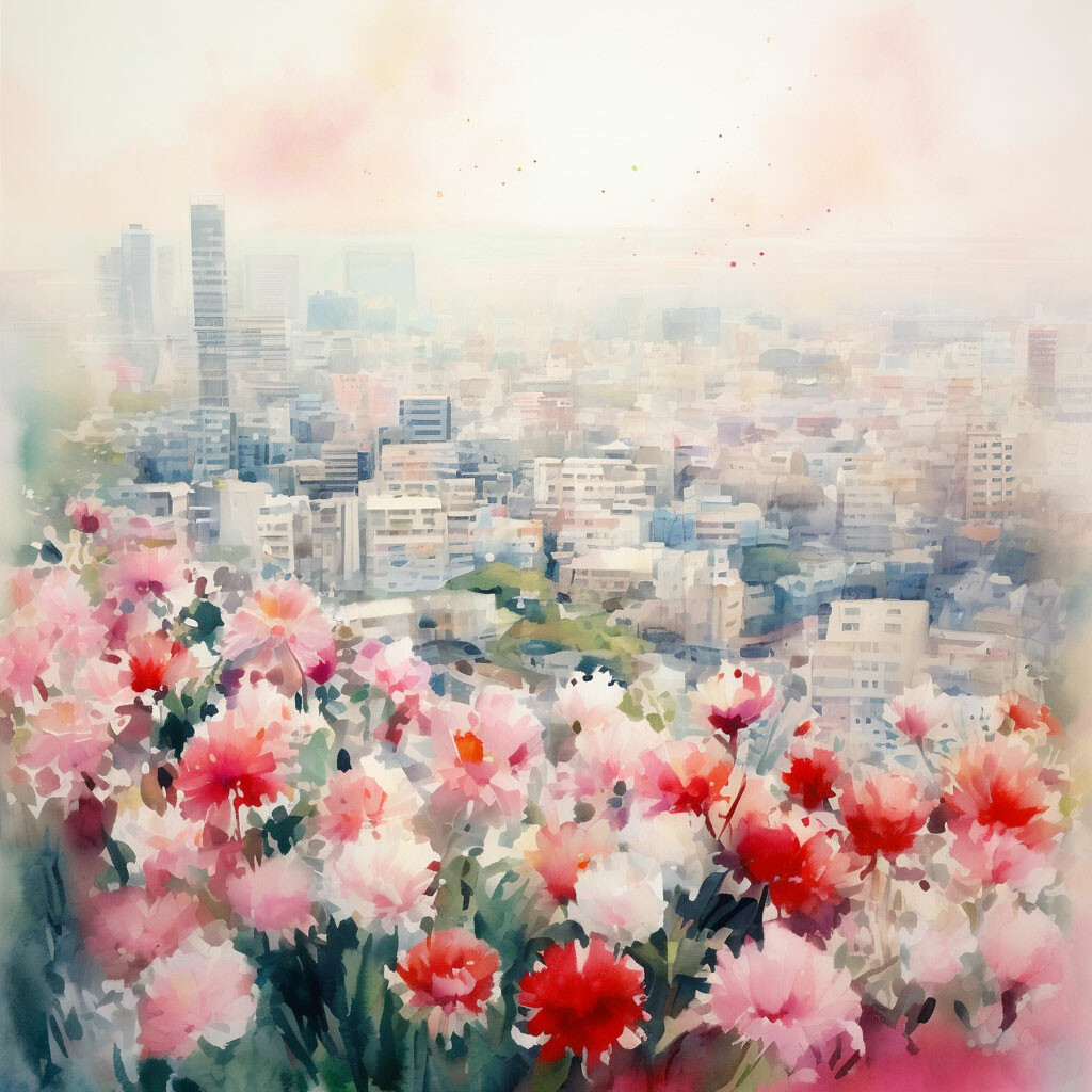 "🌺Series "Summer Tokio" French watercolor, flowers in center Tokio from ...
