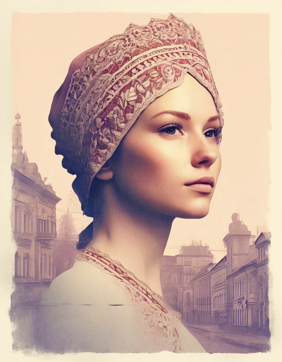 "A county town inside the contour of a female Slavic face in a ...