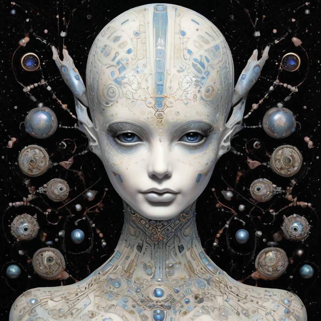 "Fantasy surrealism , alien robot girl , long sphinx skull , celestial ...