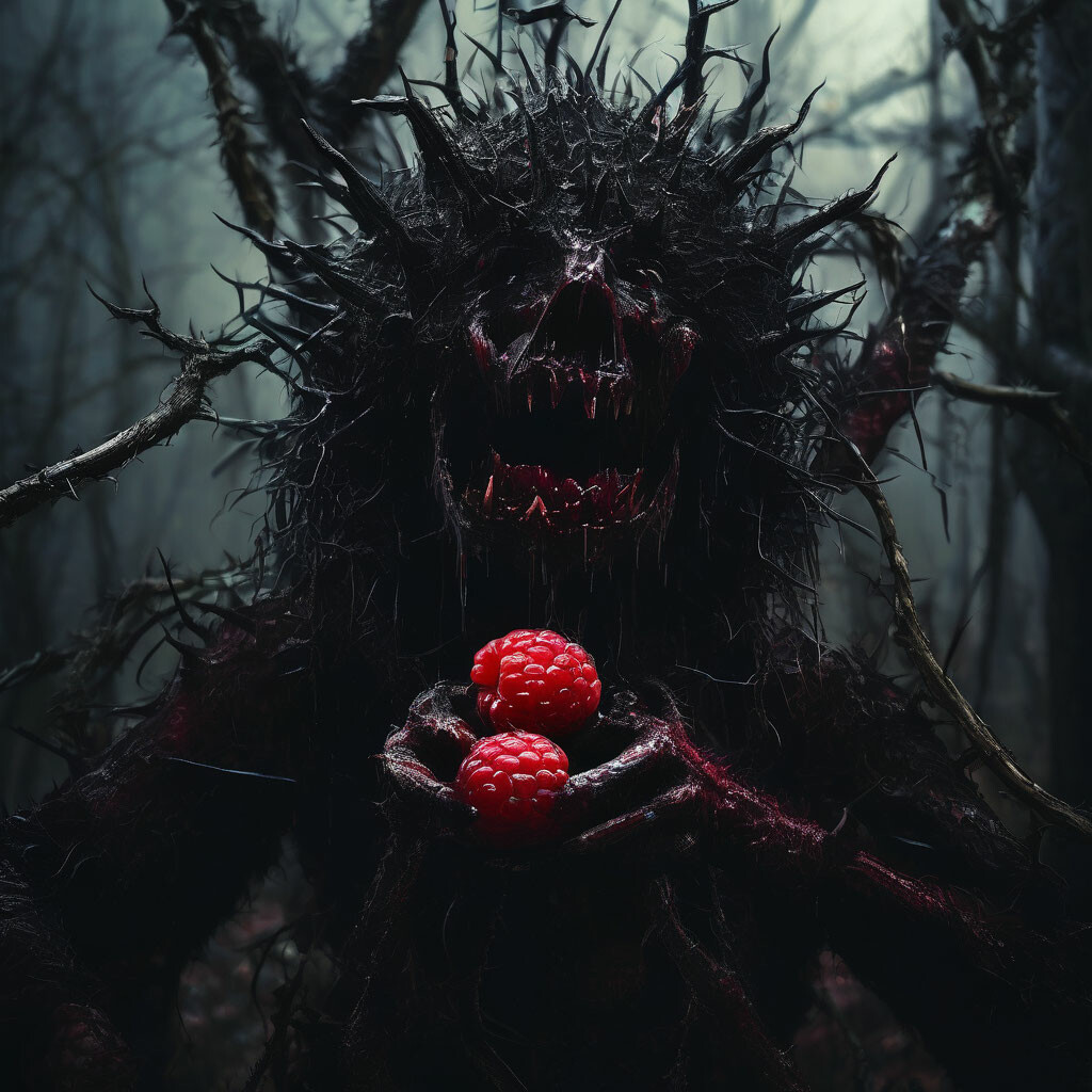 "A sinister movie poster for "Stains of the Raspberry",lurking evil ...