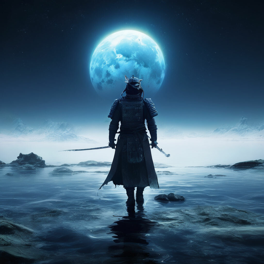 "Samurai consists of water on the moon" — image created in Shedevrum