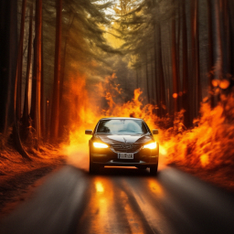 «The car is driving along a forest road, there is a fire all around ...