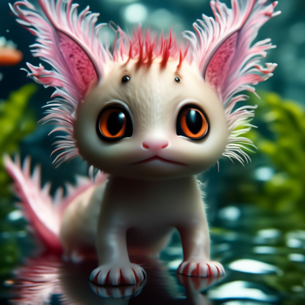 "Cat+axolotl, hybrid, in an aquarium, fluffy with a tail, big cartoon ...