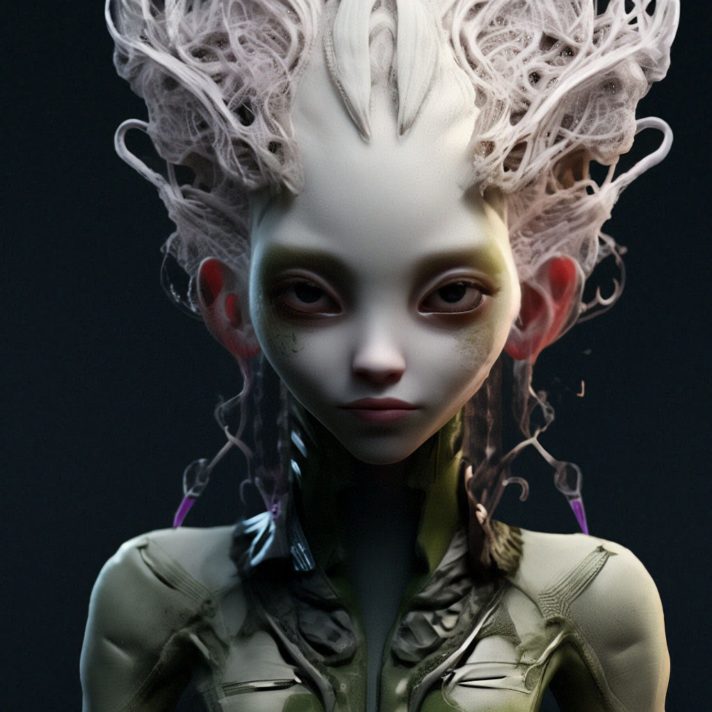 "Double exposure alien cyberpunk intricate hairstyle in the form of ...