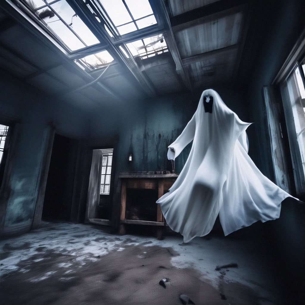 "A ghost flying in an abandoned dark and creepy house" — image created ...