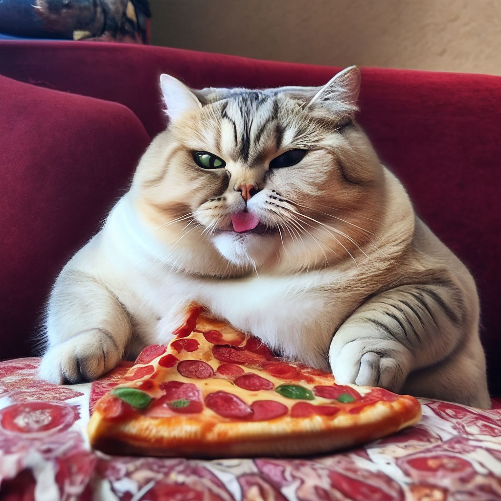 "Fat cat eating pizza" — image created in Shedevrum