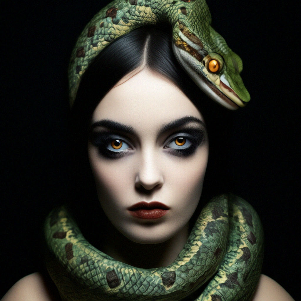 "The snake is cold in the rack and big eyes, surrealism lush eyelashes ...