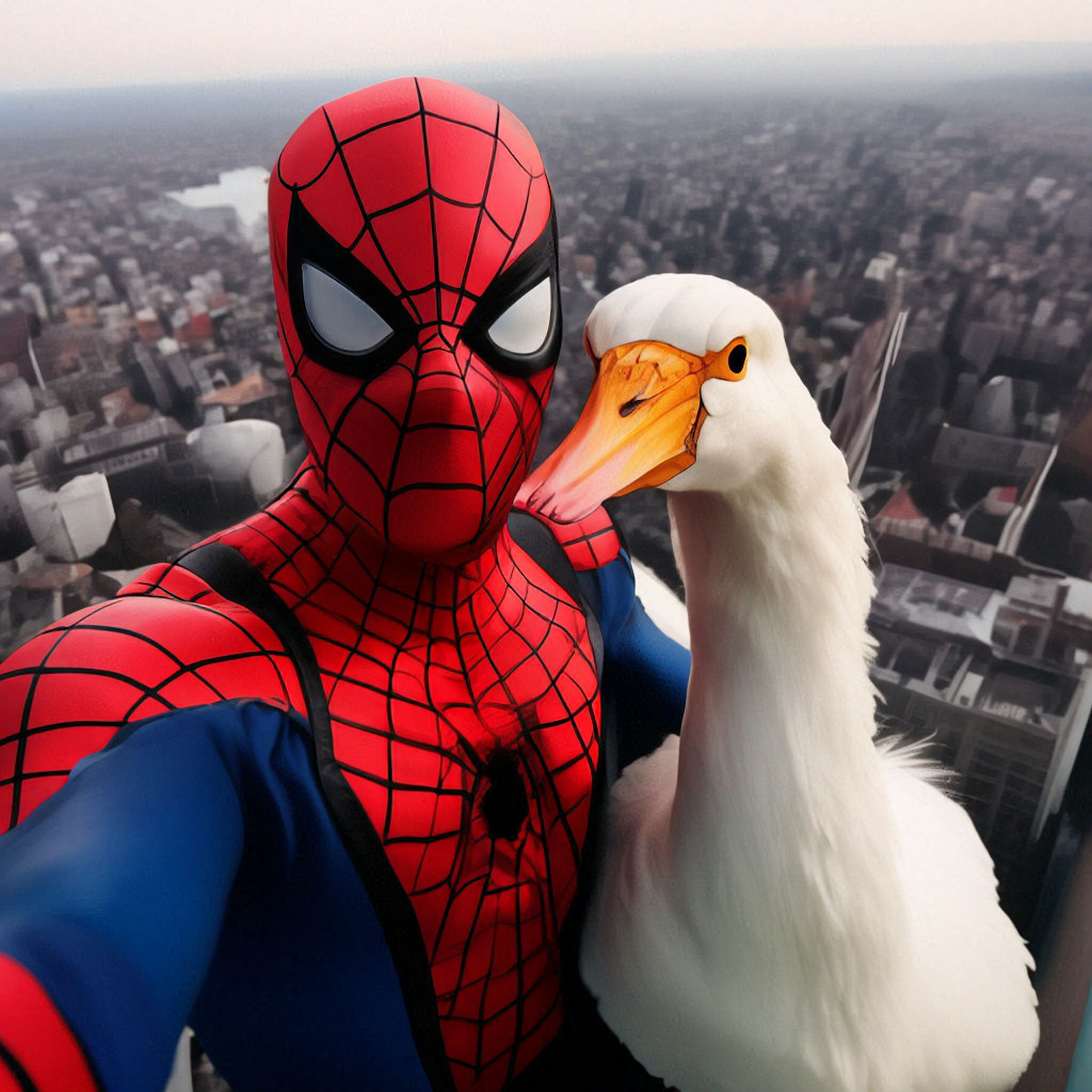 "#Goose Spider-Man takes a selfie with a white goose, on the edge of a ...