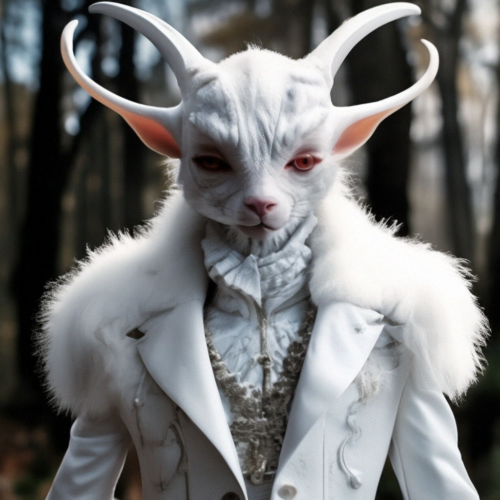 "A very beautiful white alien in a frill and a frock coat with a pocket ...