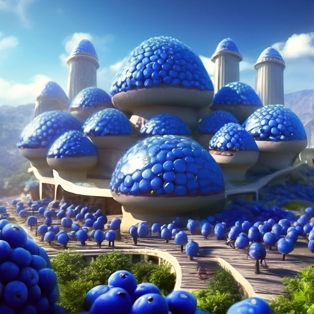 "Blueberry kingdom,domes of buildings in the form of blueberries,people ...