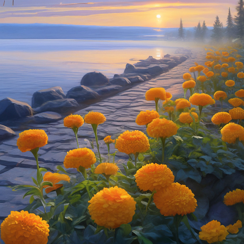 "On the shore of Lake Baikal, A lot of marigolds, pavement, drawing ...