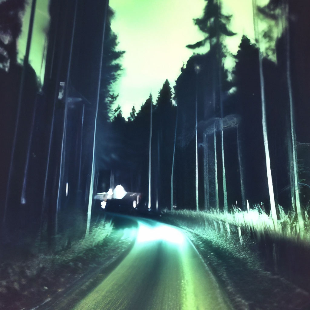 "Creep forest at night view from a low-quality car window captured on a ...