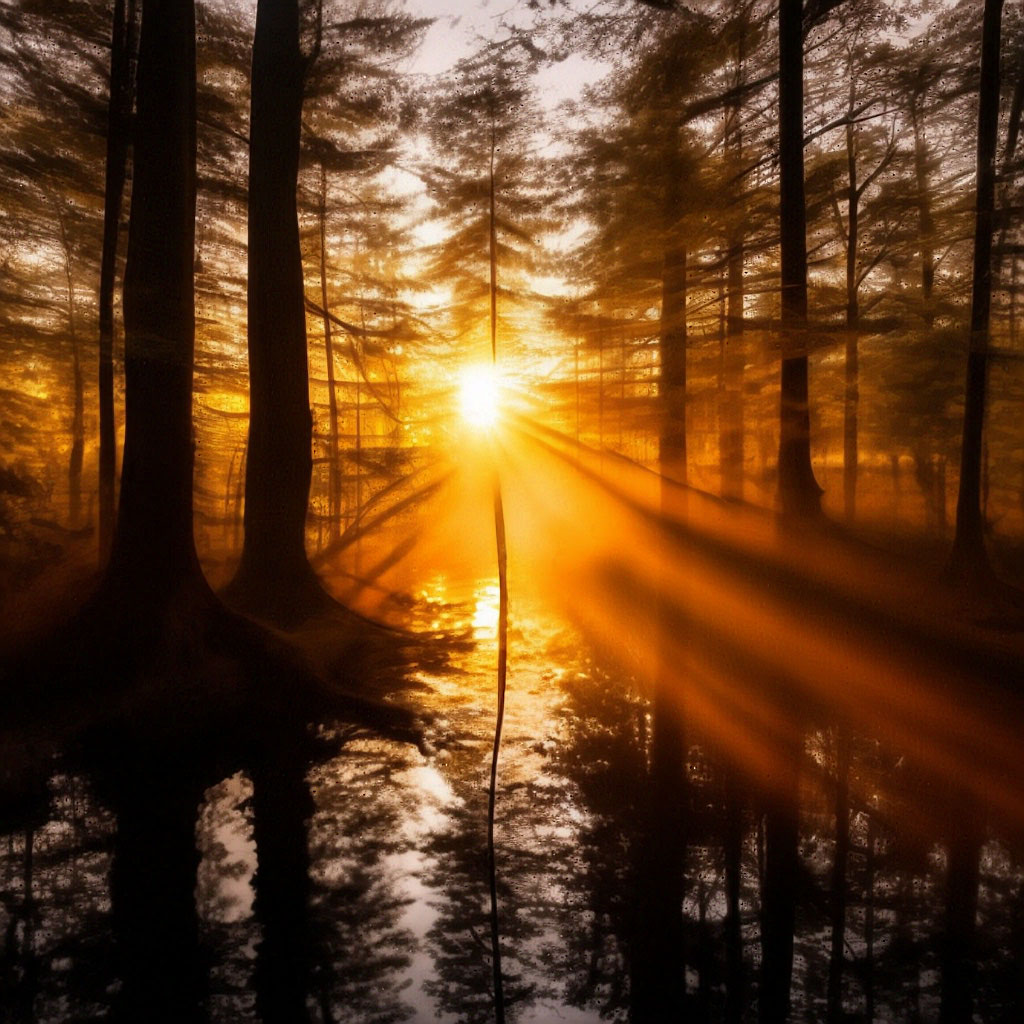 "Sunset through the swamp fog illuminates the cedar grove" — image ...
