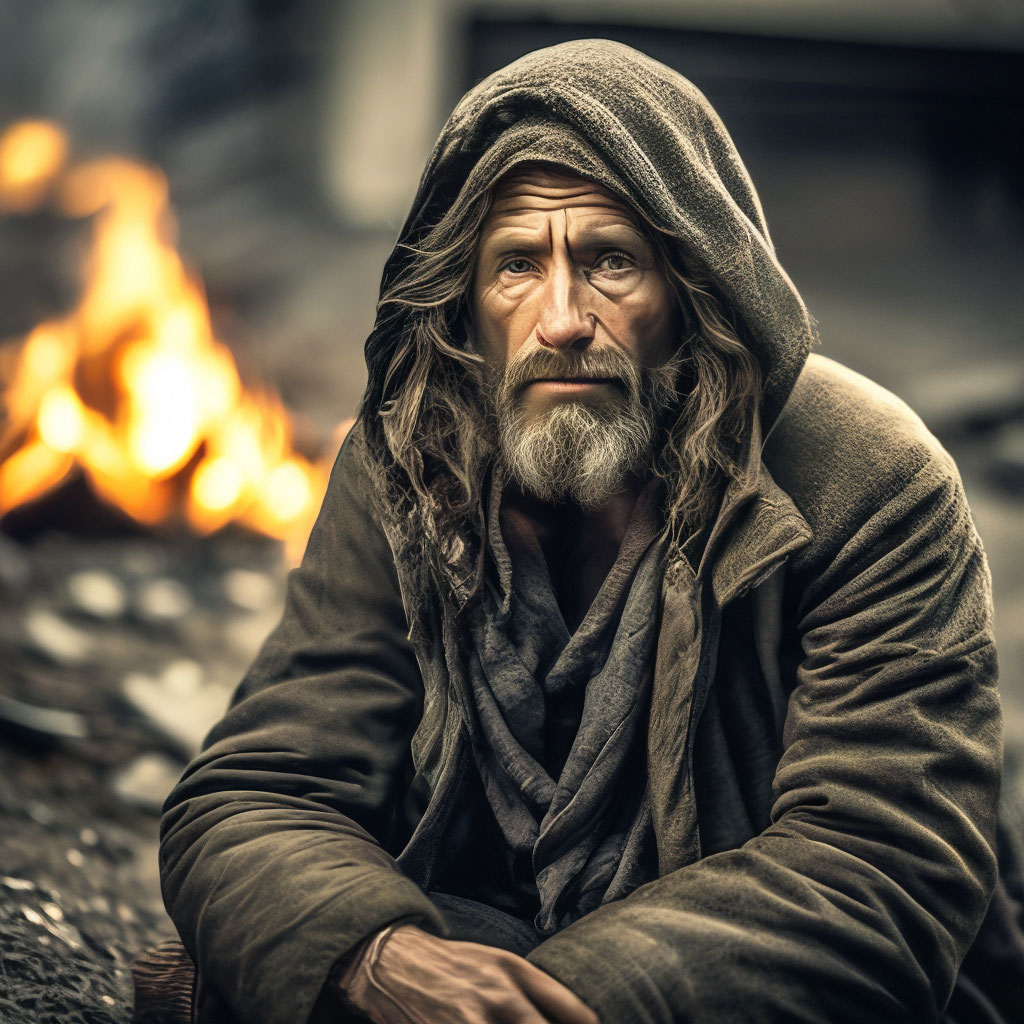 "A homeless man in the ashes" — image created in Shedevrum