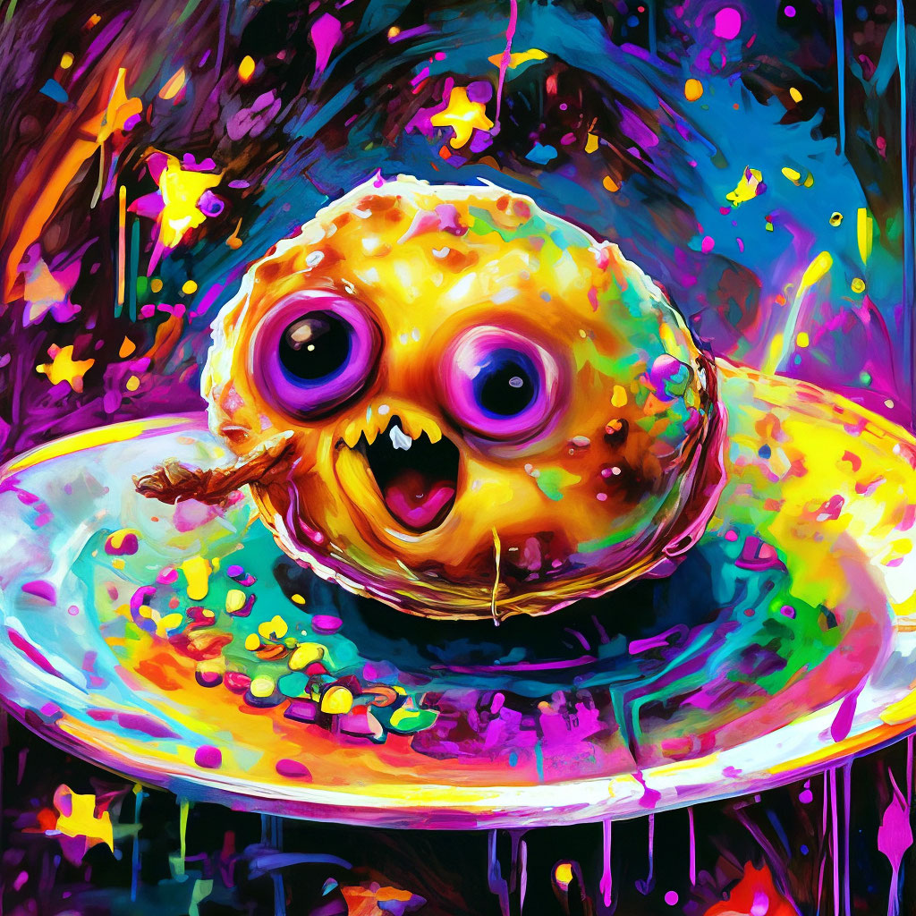 "Art in the technique of Laura Zombie A bug-eyed dumpling jumps on a ...