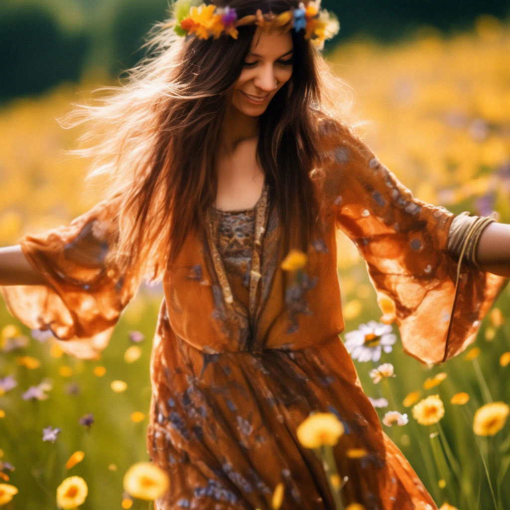 "A hippie girl is dancing in a flower meadow." — image created in Shedevrum