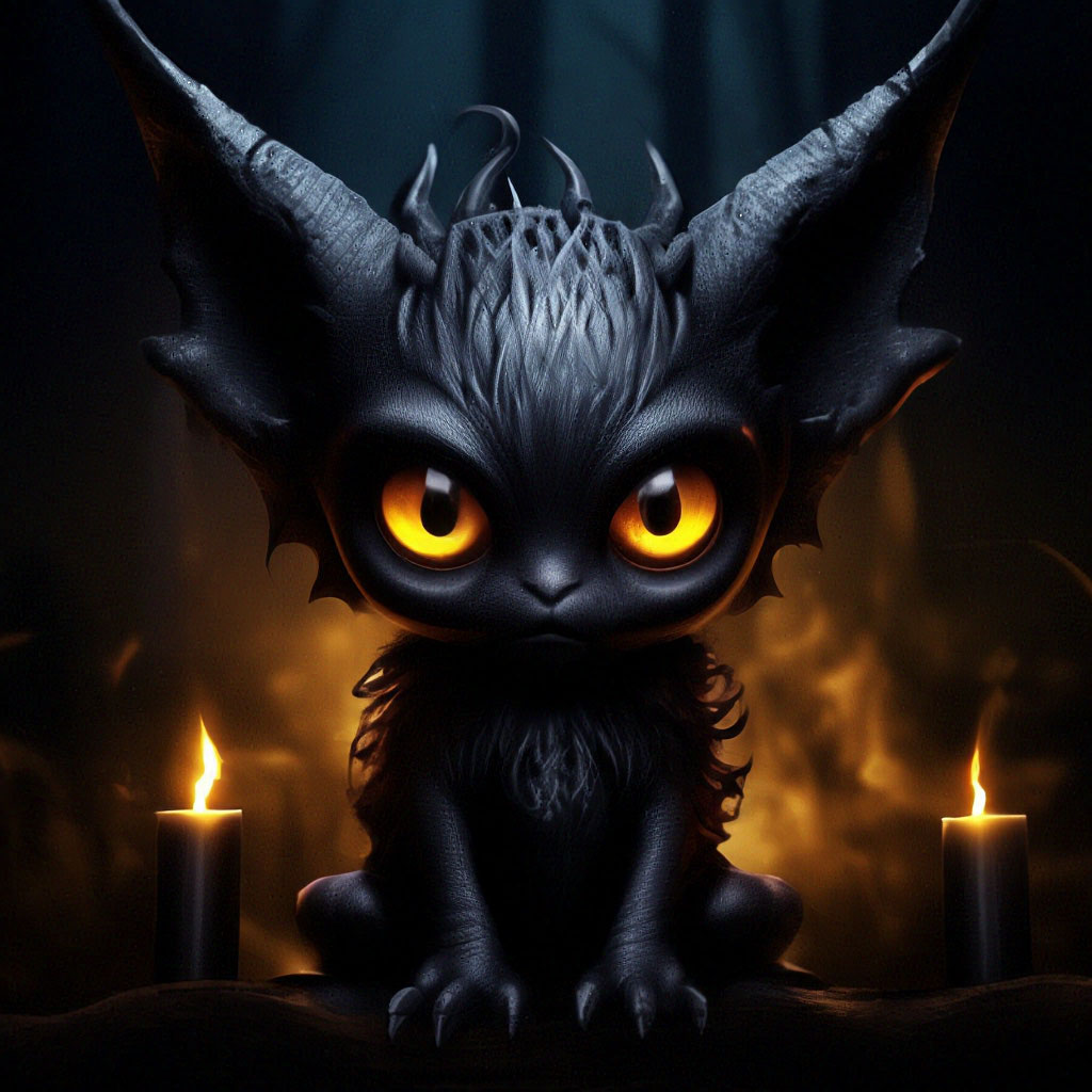 "Cute black imp, horns cartoon big eyes looking at camera background ...