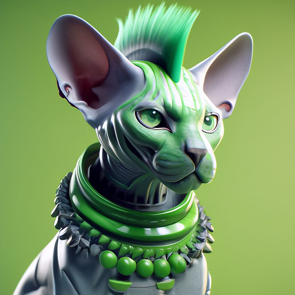 "The sphinx cat is a punk with a green mohawk on his head and with ...