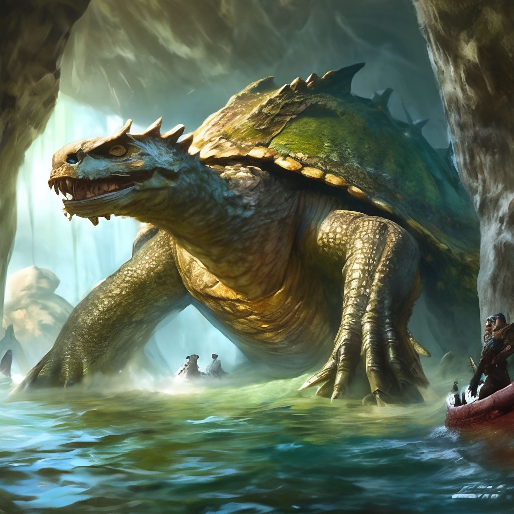 "Giant dragon turtle with which four heroes fight in a flooded cave ...