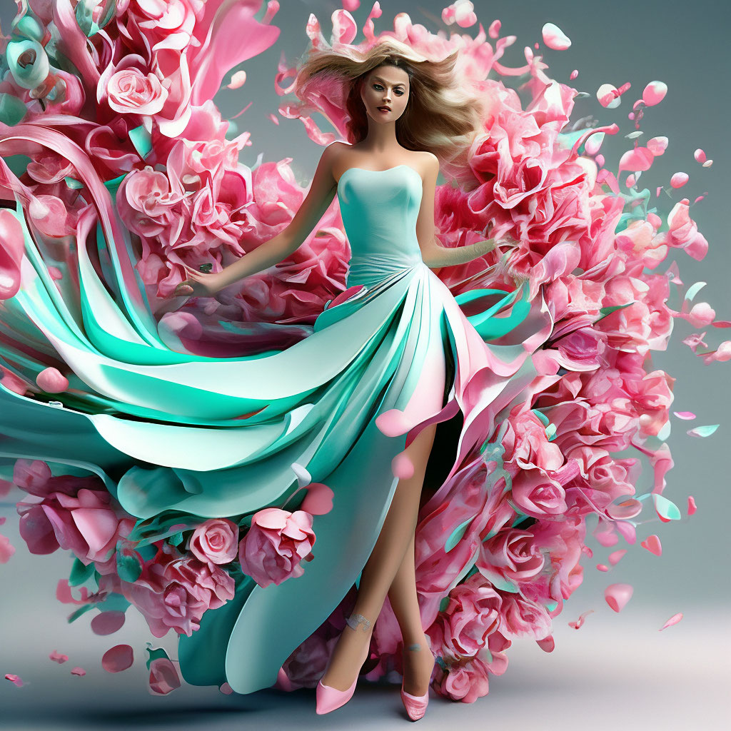 "High fashion,girl , long skirt made of swirling swirl of rose flowers ...