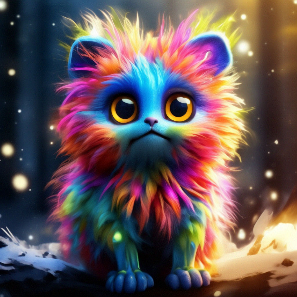 "🤗 colorful unusual fluffy animal, beautiful huge eyes multicolored ...
