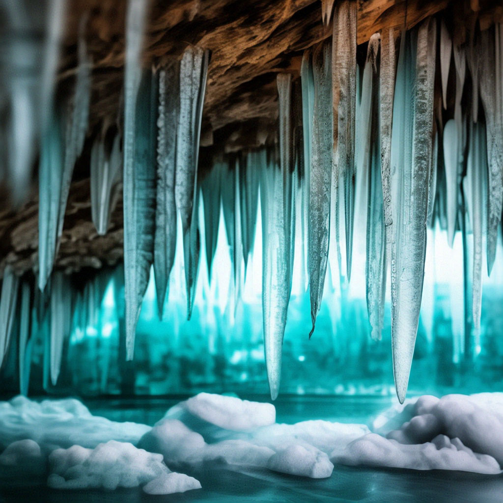 "Huge blocks of ice stalactites,transparency of ice, turquoise shade ...