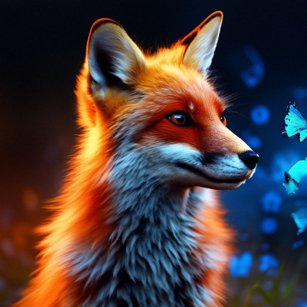 "The Red Fox red fox with a neon butterfly on his nose, sitting side ...