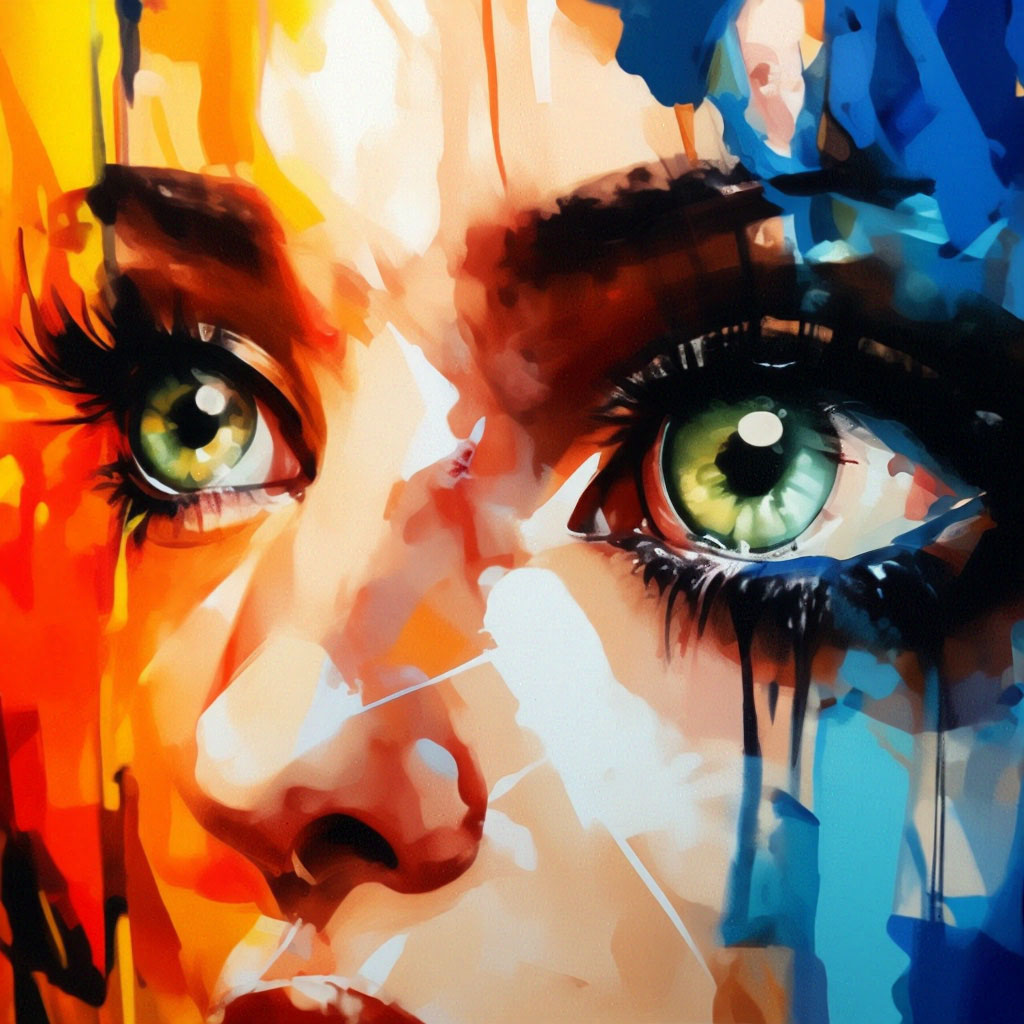 "Expressive eyes with huge pupils, acrylic drawing, rough detailing ...