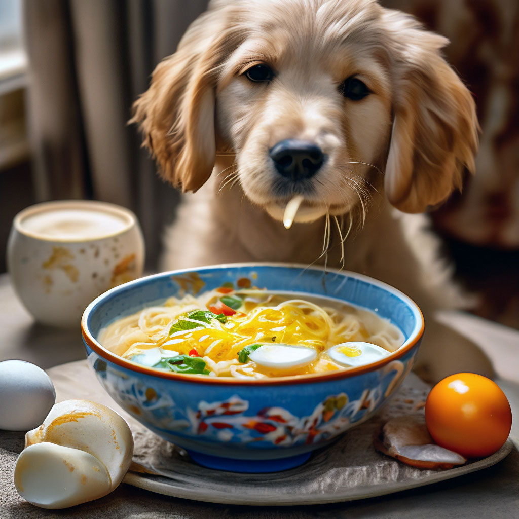dog eats noodle and egg soup beautifully , hyperrealistic ...