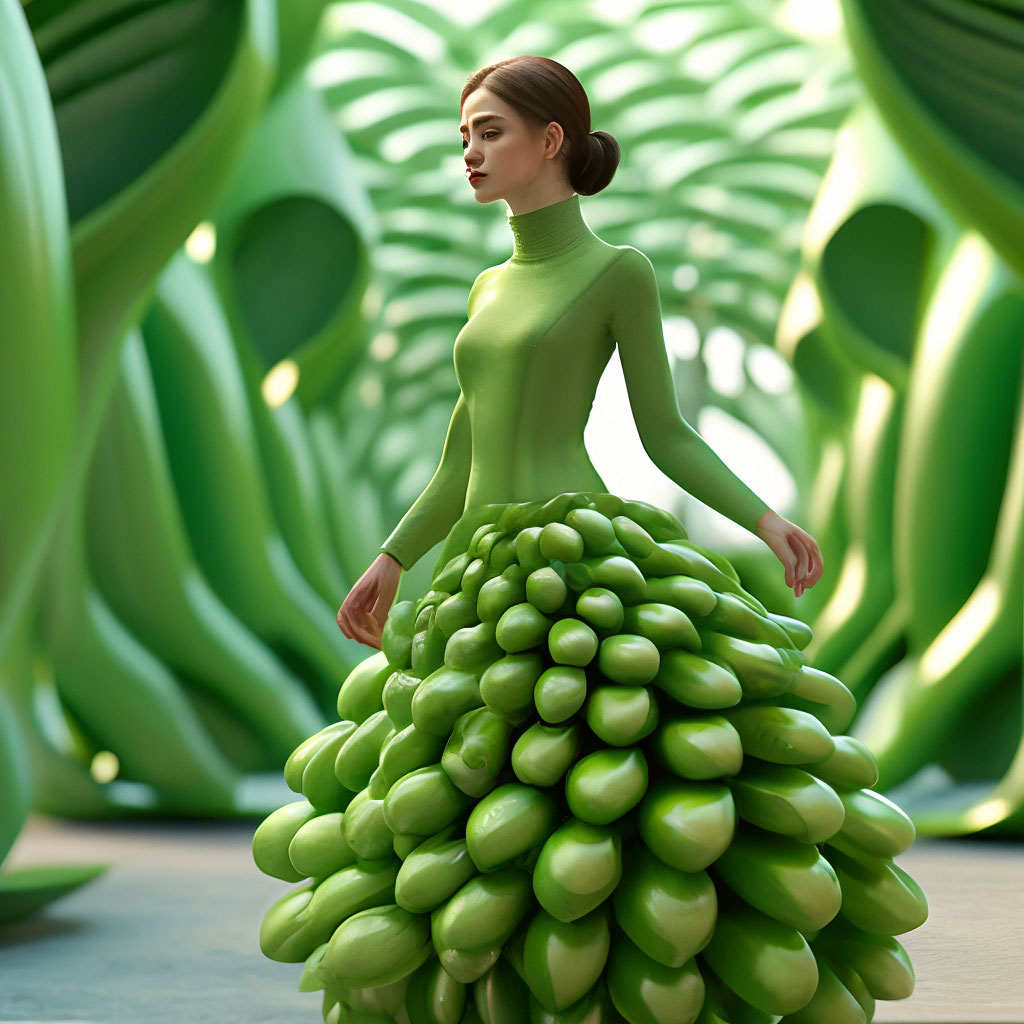 "Beautiful full-length girl in a green pea pod dress" — image created ...