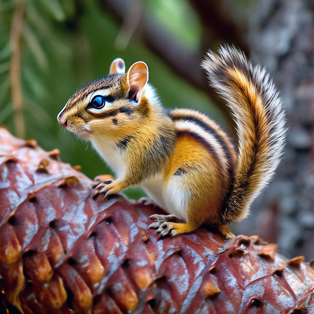 "The chipmunk a chipmunk on a cedar tree with a cedar cone. beautiful ...