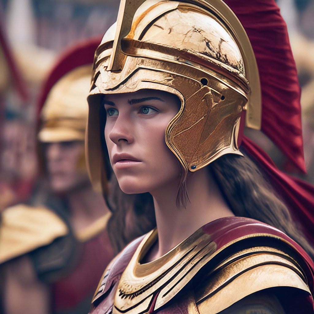 "Close-up, a spartan warrior girl, in the style of dark crimson and ...