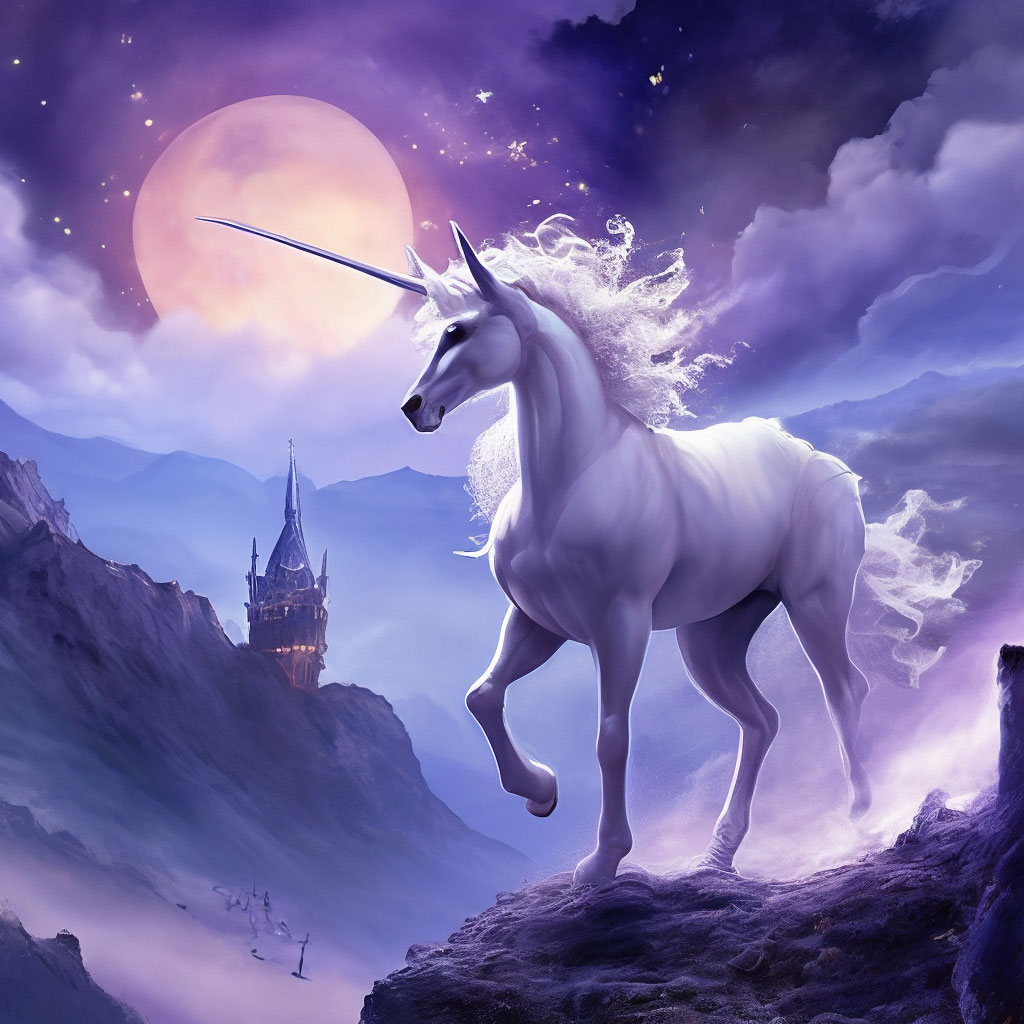 "White alicorn, the silence of distant mountains and an ancient castle ...
