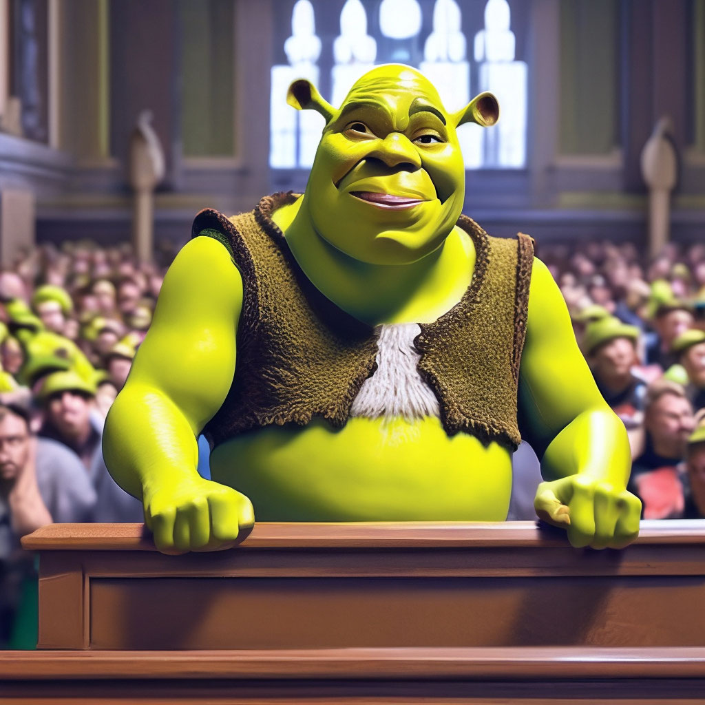 "Stand up, the trial is underway, Shrek is accused" — image created in ...