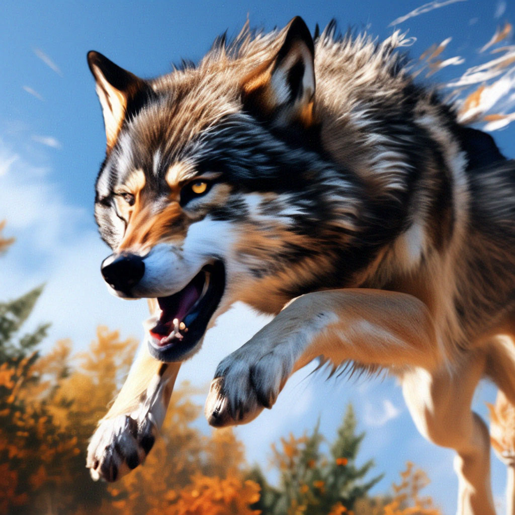 "Action art, a wolf falls backwards in the air,freedom,blots,wind ...