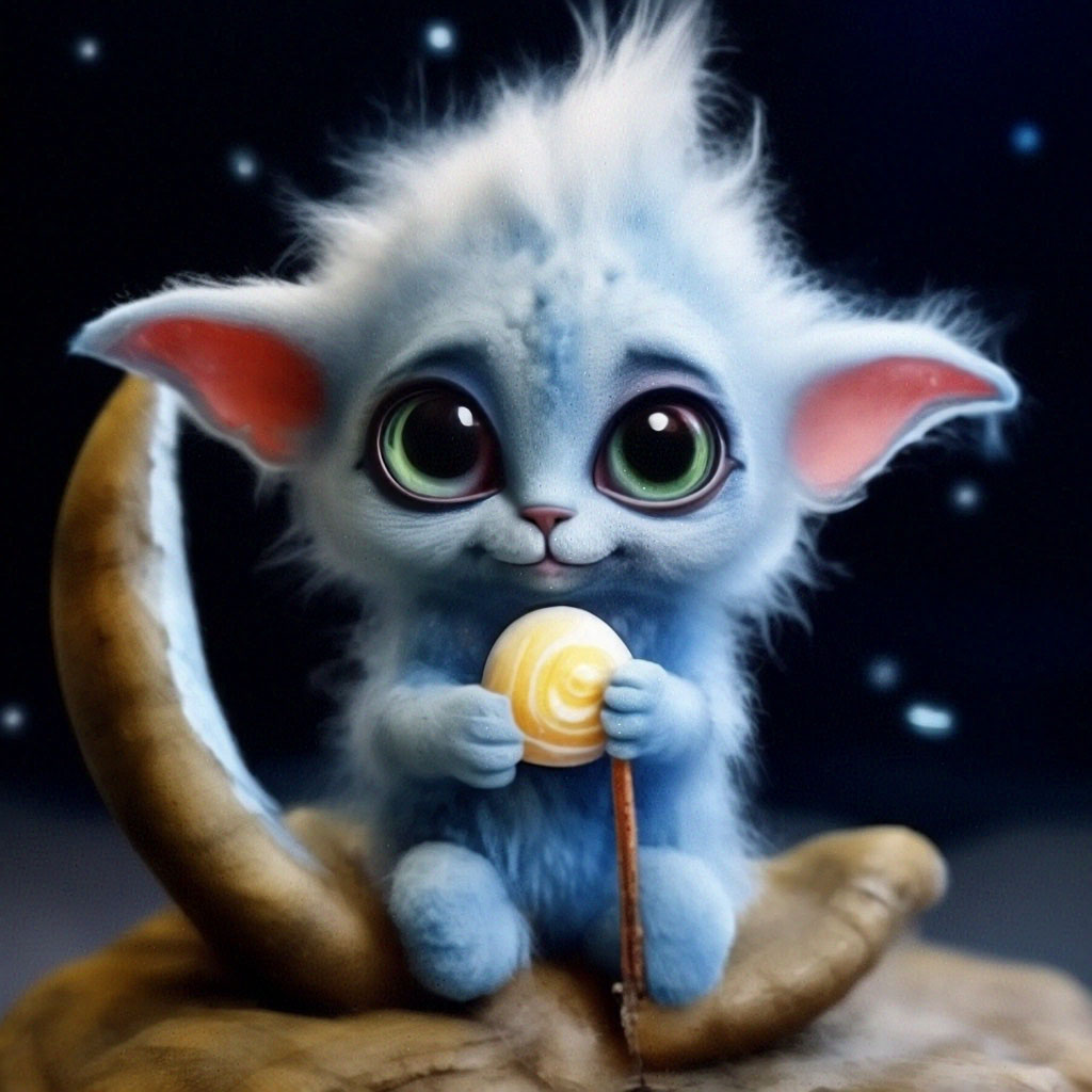 "A small cute charming funny big-eyed fluffy furry elf baby with ...