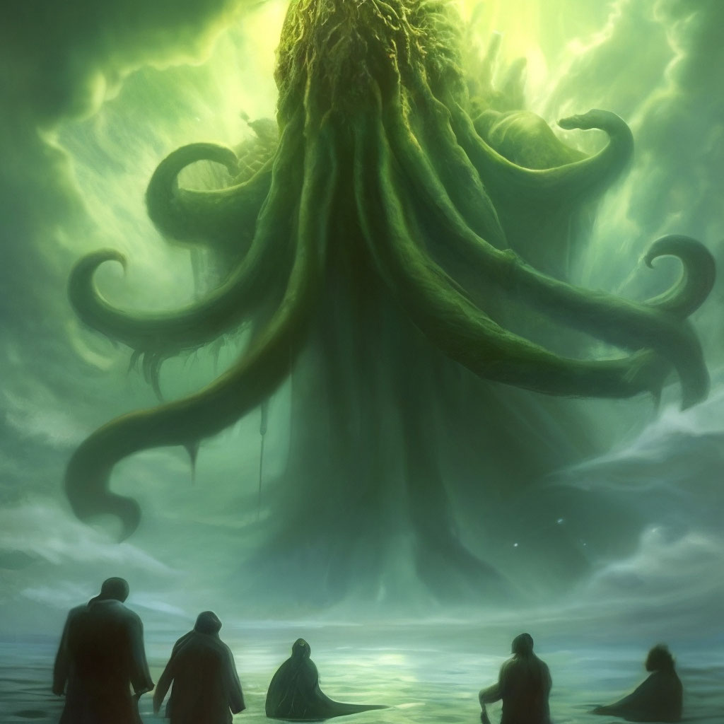 "An unknown, immeasurably terrifying Cthulhu rises from the water. Huge ...