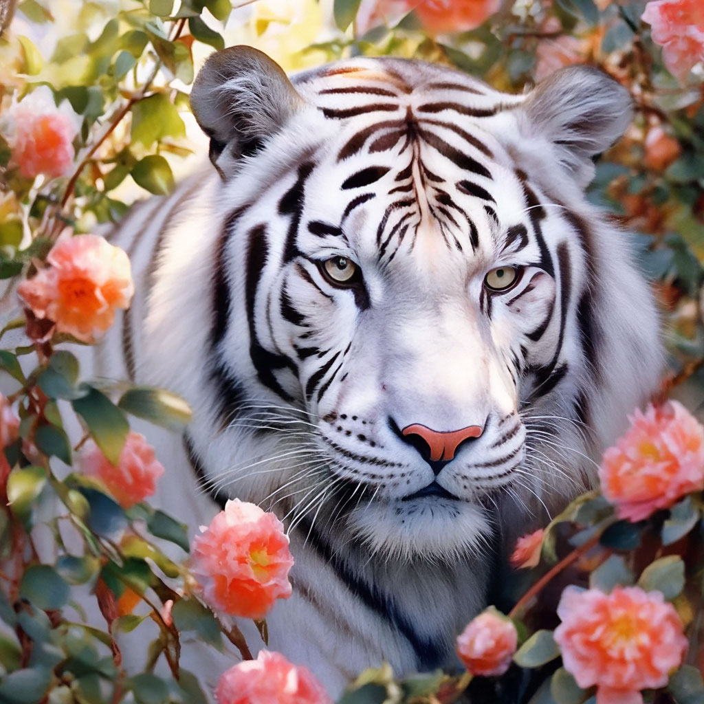 "A beautiful, strong, white tiger hides in the bushes of a flowering ...