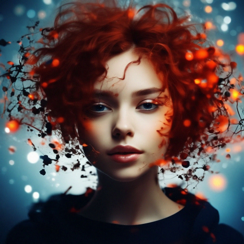 🌀🩵🌀🩵 Portrait of a girl, beautiful, crumbles into molecules and atoms ...