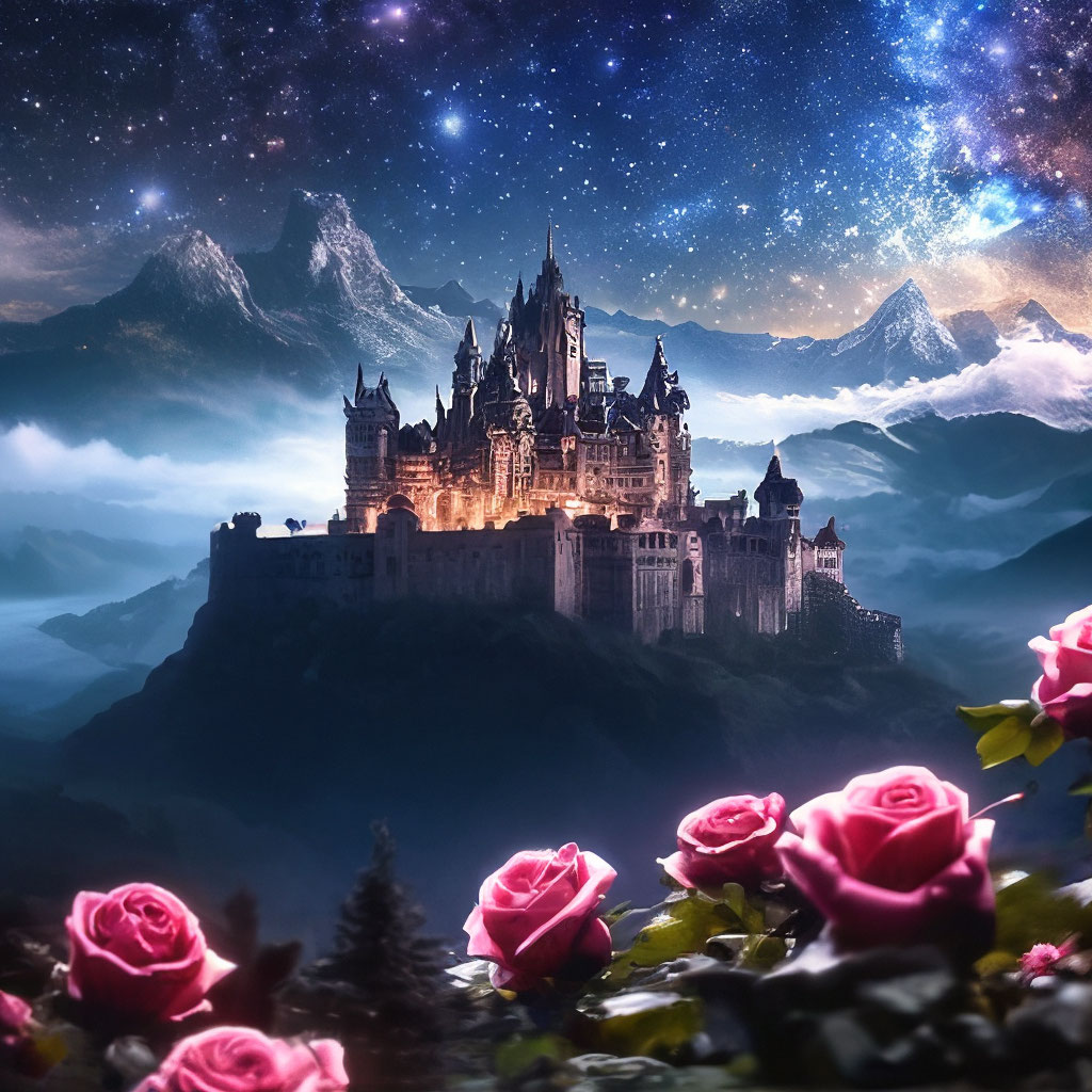 "A mysterious magic castle at night, mountains, bushes of delicate ...