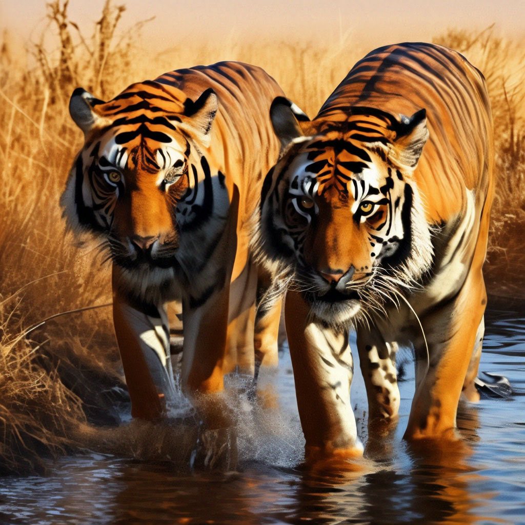 "Tigers in the savannah lapping up water from a small river, close-up ...